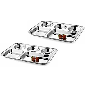 Khandekar Stainless Steel Five Compartment Rectangle Plates, Dinner Plate Set of 4 - Silver