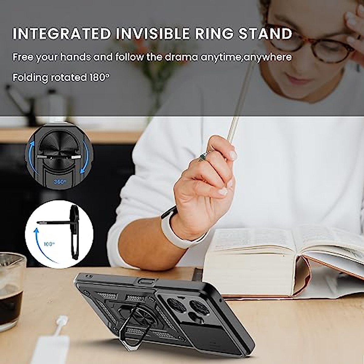 Dretal for OnePlus Nord N30 5G Case, with Stand Kickstand Ring and Camera Cover with Tempered Glass Screen Protector, Military Grade Shockproof Protective Cover for OnePlus N30 5G (Black)