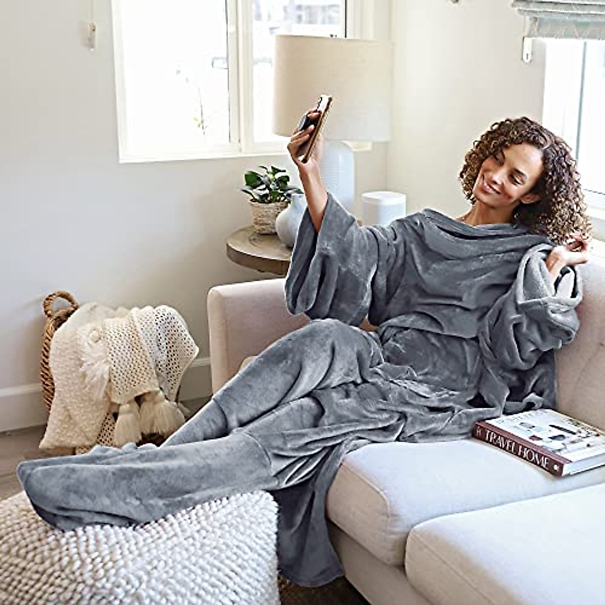 Catalonia Wearable Fleece Blanket with Sleeves and Foot Pockets for Adult Women Men, Micro Plush Comfy Wrap Sleeved Throw Blanket Robe Large, Grey