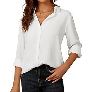 YAMANMAN Womens Button Down Shirt Long Sleeve Classic Collared Tops Work Office Casual Chiffon Blouse White