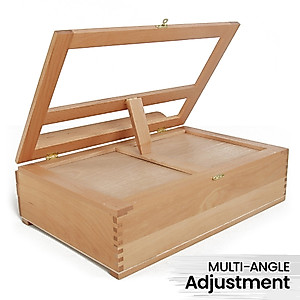 Wood Desk Table Easel - Handcrafted Beechwood Desktop Easel & Wooden Art Tabletop Box for Drawing, Painting, and Sketching with 3 Front Drawers for Supplies Storage