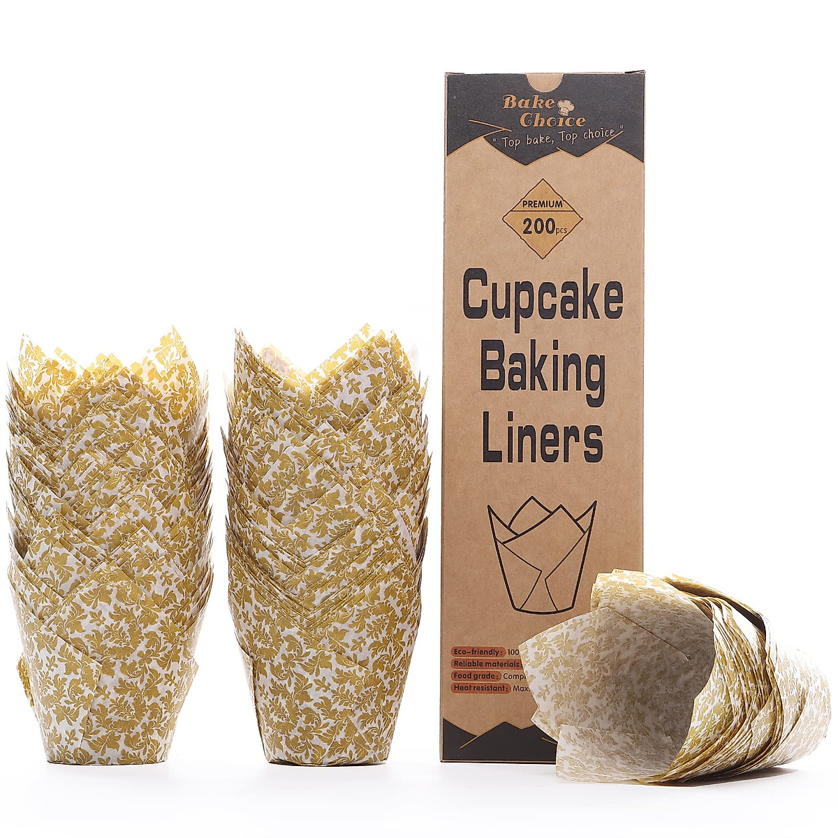 Bake Choice Nordic Paper 200pcs Tulip Cupcake Liners for baking cups with Fancy White design with Gold leaves EU Parchment paper Tulip Muffin liners, Cupcake Wrappers for Party, Wedding, Birthday