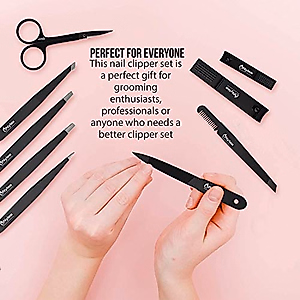Nylea Professional Tweezers Set and Nail Clippers for Men and Women [Perfect Alignment / Grip] Best Precision Stainless Steel Kit for Ingrown Hair Eyebrows Facial Hair Splinter and Eyelashes 9pcs