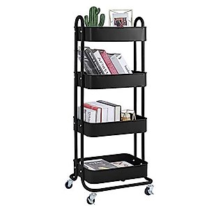 4-Tier Metal Mesh Utility Rolling Cart Storage Organizer Shelf Rack with Lockable Wheels for Living Room Kitchen Office, Black