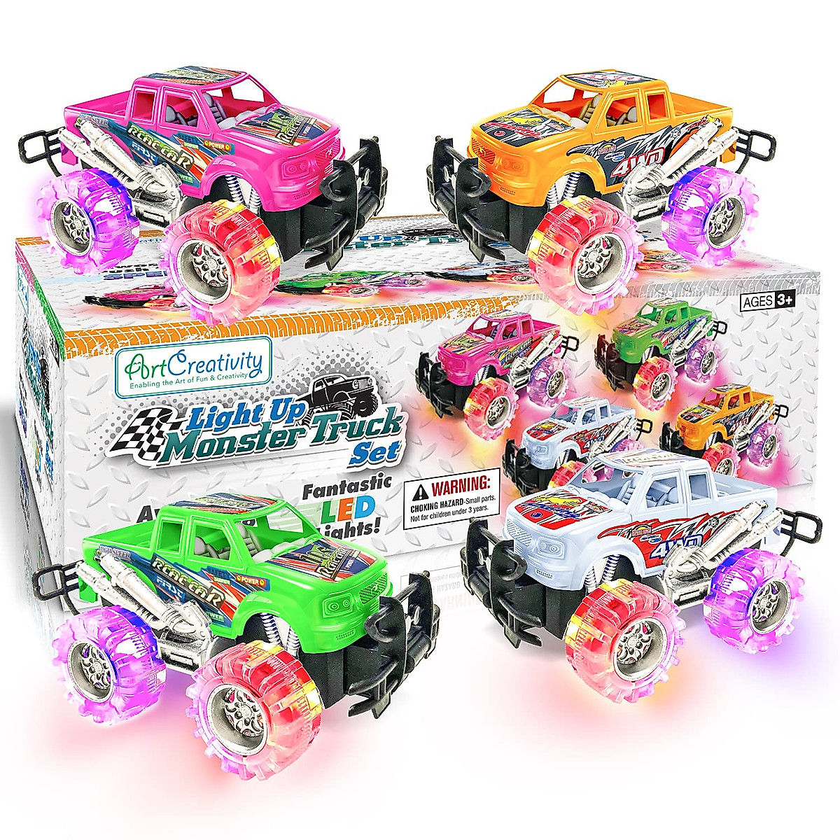 ArtCreativity Light Up Monster Trucks for Boys,- 6 Inch Toy Cars for 2 Year Old Boys,- Push n Go Car Toys for Boys 3-5 Years Old,- Light Up Toys for Kids, Best Gift for Kids Age 3-6 Years Old & Up