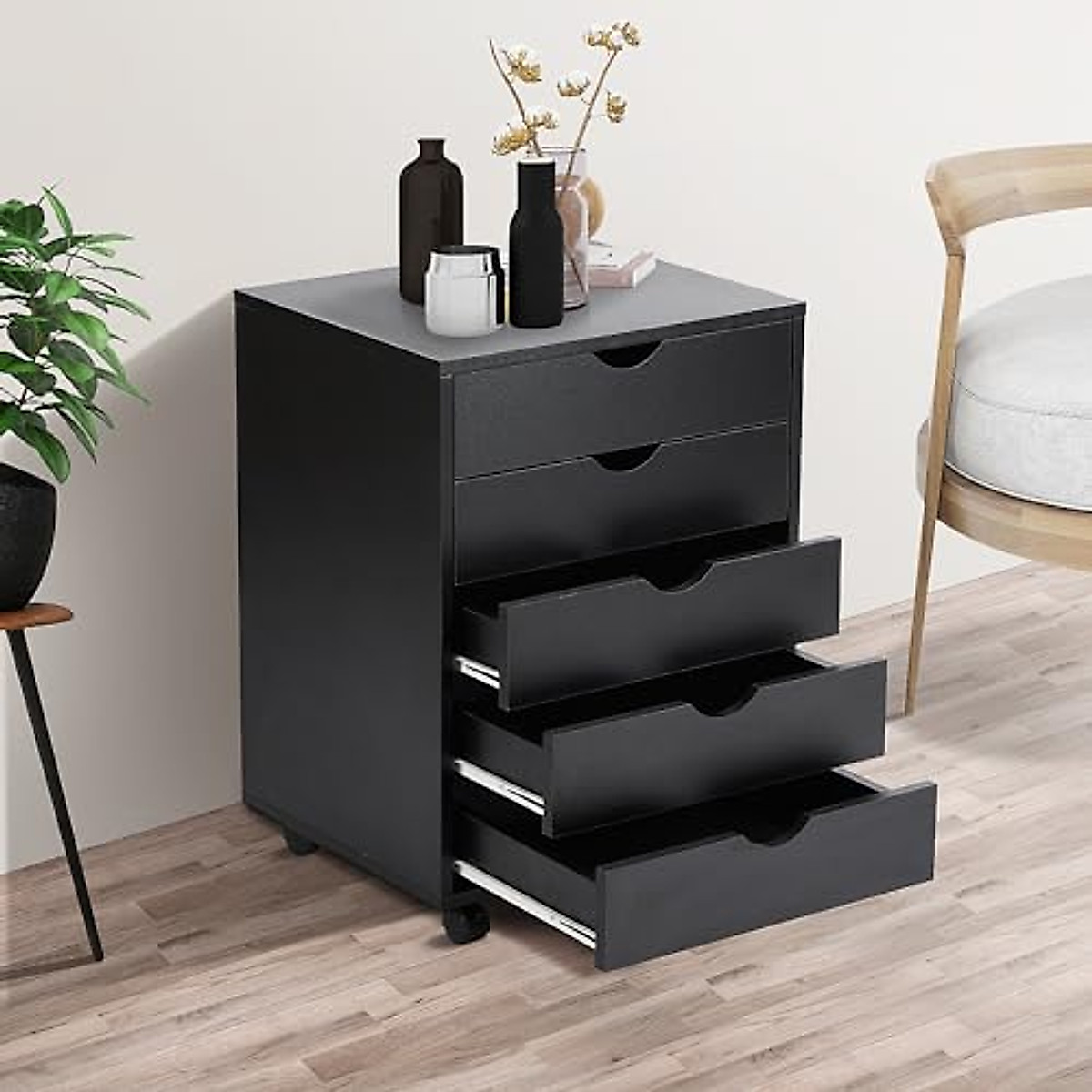 NEWBULIG 5 Drawer Storage Organizer, Wood File Cabinets with Wheels, Large Printer Stand for Home Office Study Dressing Room
