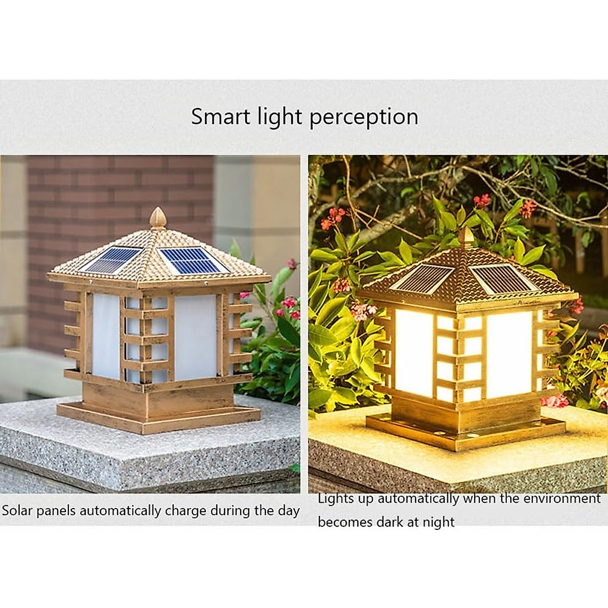 MODEBHD Courtyard Door Bollard Pillar Lamp, Dusk to Dawn Auto On/Off Solar Powered Post Lights, Waterproof IP65 Outdoor Post Light, Decoration Parks Community Lawn Post Lantern, Post Lamp