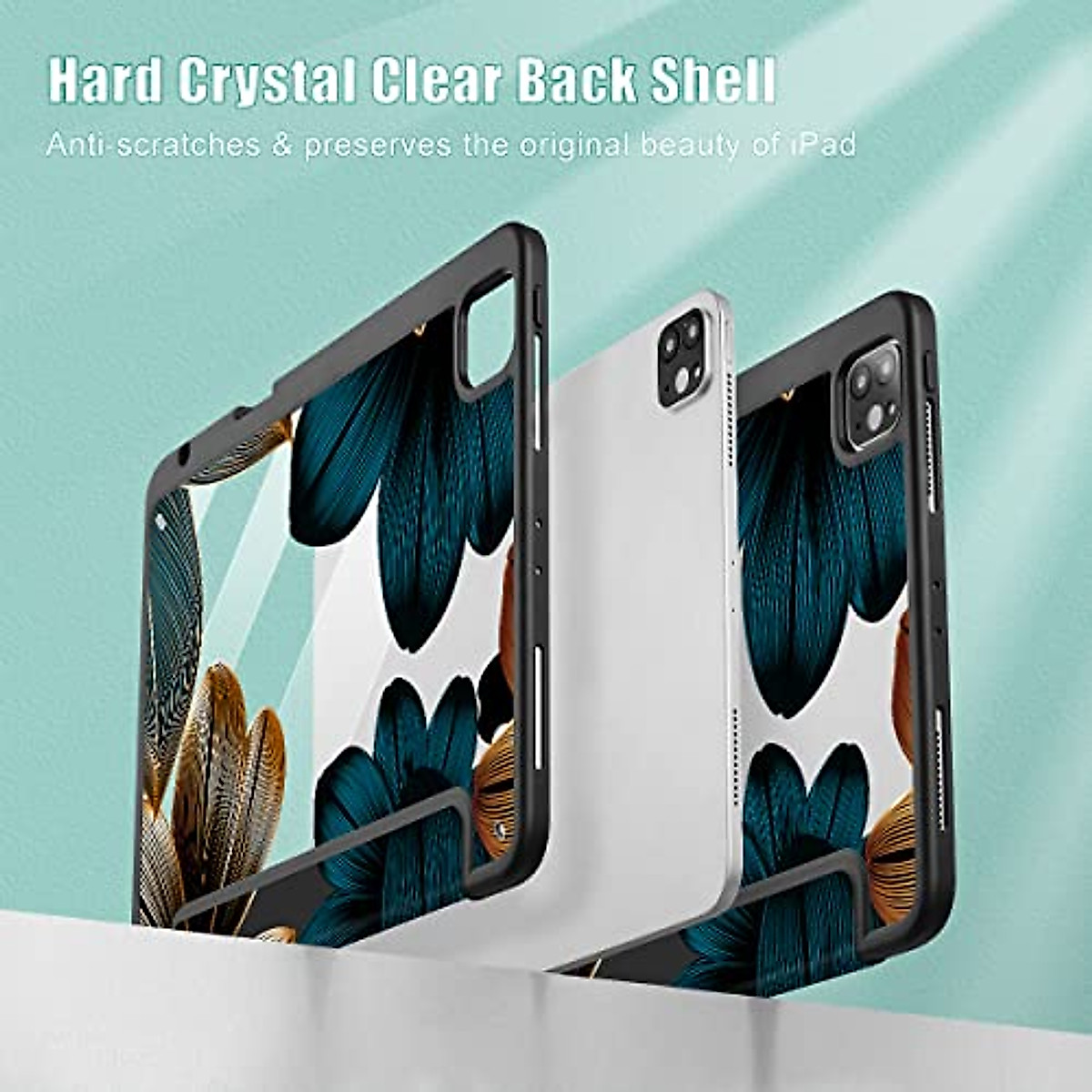 Lepeoac Designed for iPad Pro 12.9 Inch (2022/2021/2020/2018, 6th/5th/4th/3st Generation) with Transparent Shockproof Back Cover [Built-in Pencil Holder] Auto Sleep/Wake, Luxury Leaves