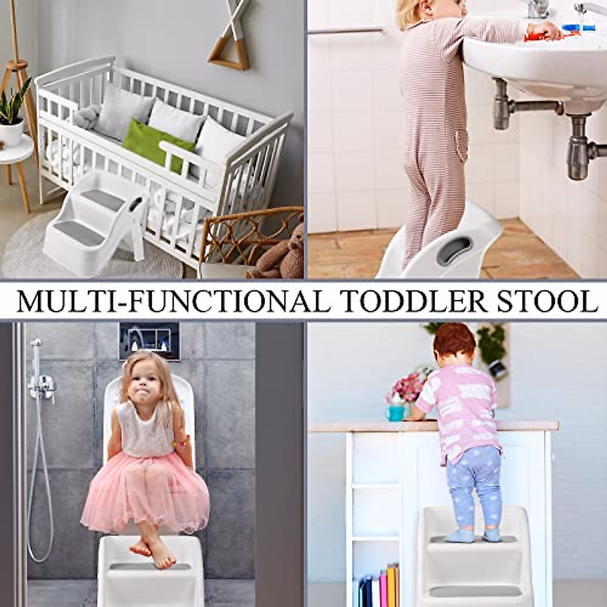 Geetery 2 Step Stool for Kids Toddler Step Stool with Handles and Slip Resistant Soft Grips for Bathroom Sink and Potty Training, Foldable and Integral Kitchen Stool Helper
