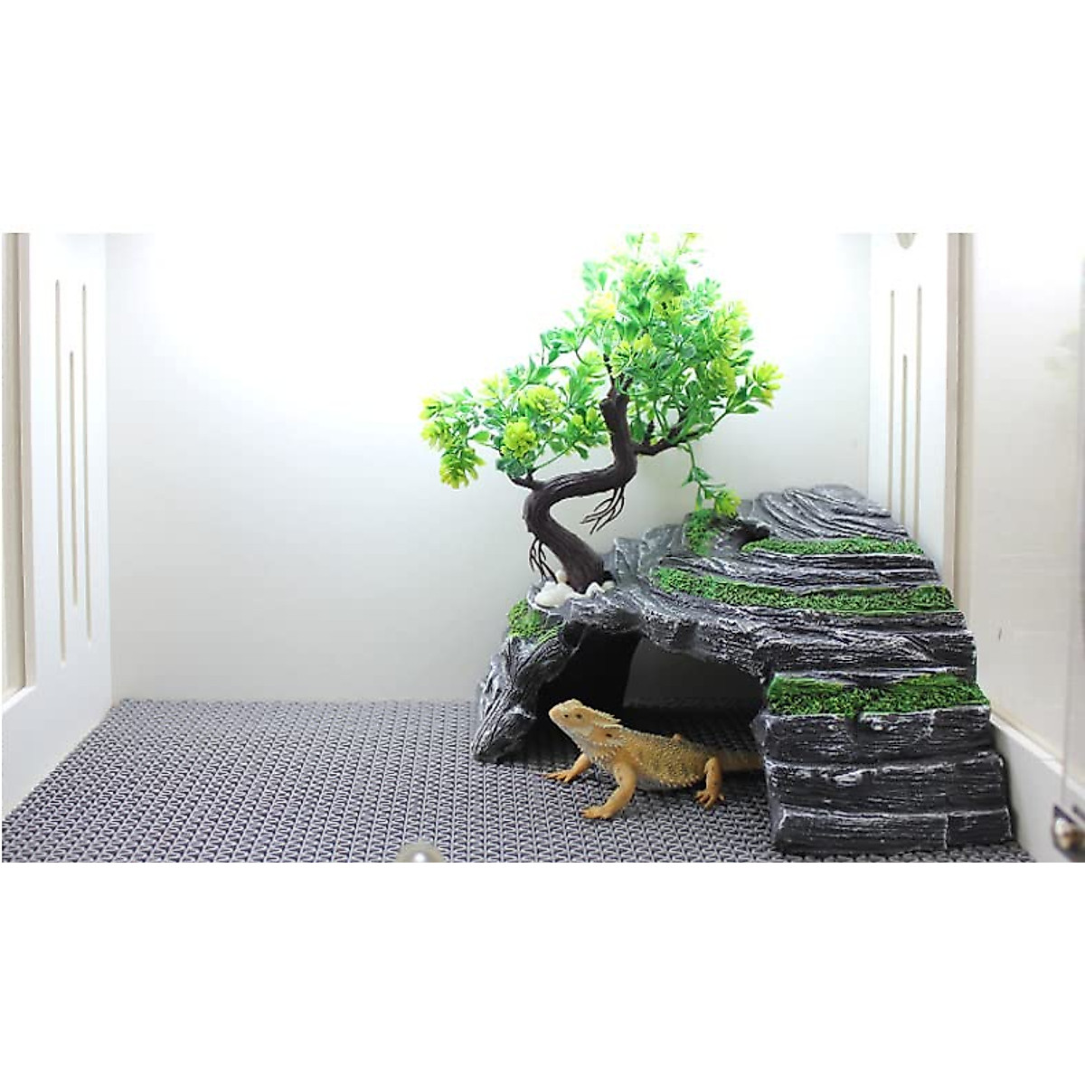 Reptile Simulation Rock Hide-Resin Amphibian Hideouts Cave Size 3.94'' x 1.77'' with Plastic Tree 7.87'',Habitat for Bearded Dragon Turtles Lizards Snakes Crab Gecko Leopard Spider Fish