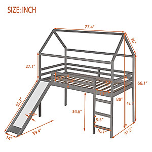 Harper & Bright Designs Twin Size Loft Bed with Slide, Kids House Bed with Slide, Solid Wood Bed Frame for Kids Girls & Boys, Gray