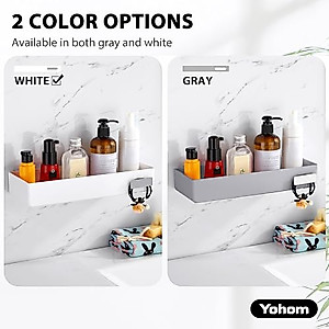 YOHOM White Adhesive Bathroom Caddy Organizer for Tile Wall Mounted Stick on Shower Caddy Floating Shelf Plastic Shampoo Holder with Hook