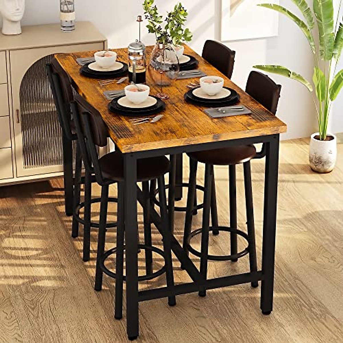 AWQM Bar Table and Chairs Set Industrial Counter Height Pub Table with 4 Chairs Bar Table Set 5 Pieces Dining Table Set Home Kitchen Breakfast Table, PU Upholstered Stools with Backrest, Rustic Brown