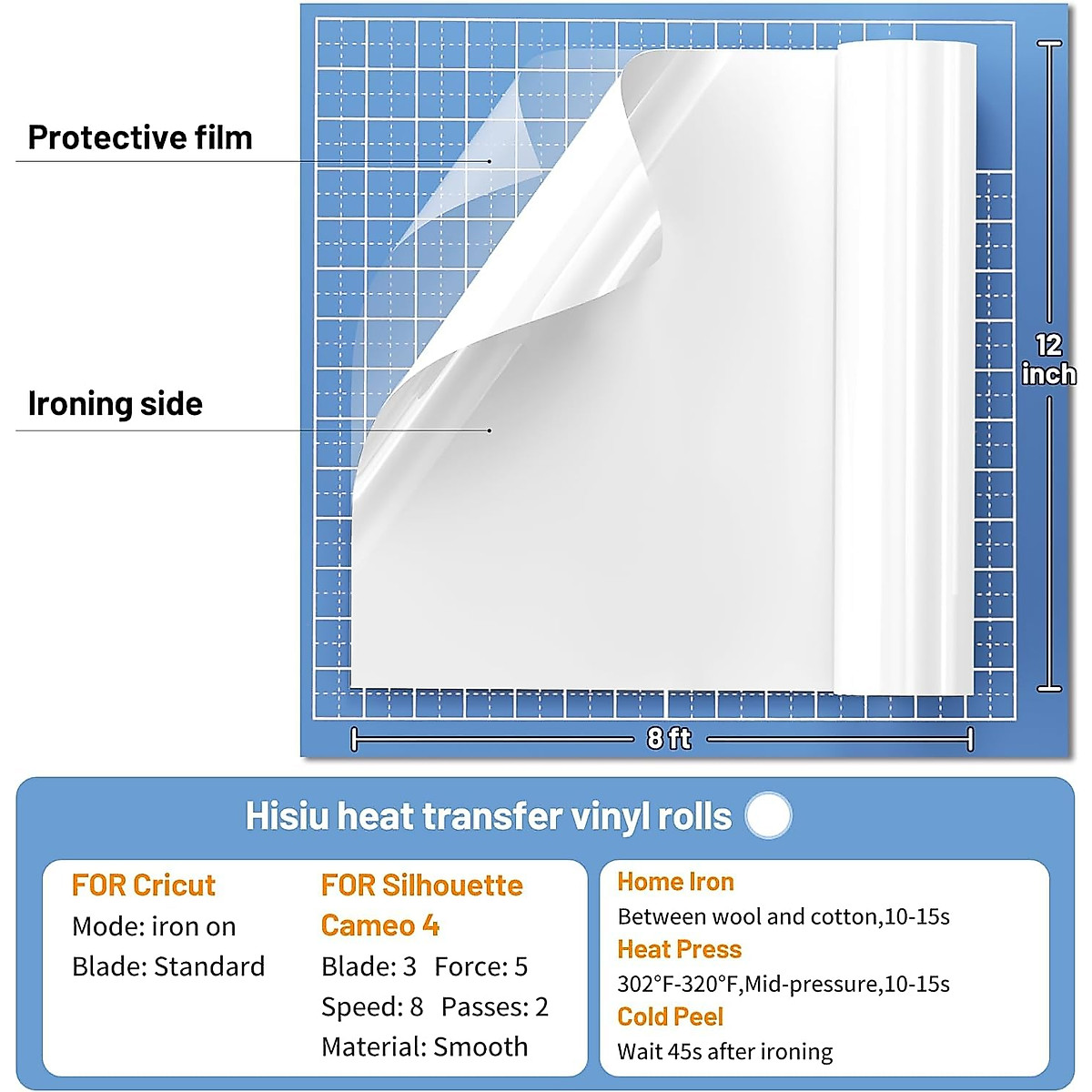 Hisiu White HTV Heat Transfer Vinyl,12" x8ft White Iron on Vinyl for T Shirts, White HTV Vinyl Roll Compatible with Cricut and All Cutting Machine, Stretch Vinyl Easy to Cut and Transfer DIY Design