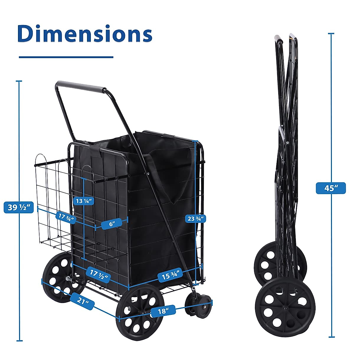 Upgraded Shopping Cart w/ 360° Swivel Wheels & Waterproof Basket Liner for Groceries, Shopping Laundry - Foldable Collapsible & Lightweight - Extra Large Heavy Duty Utility Cart