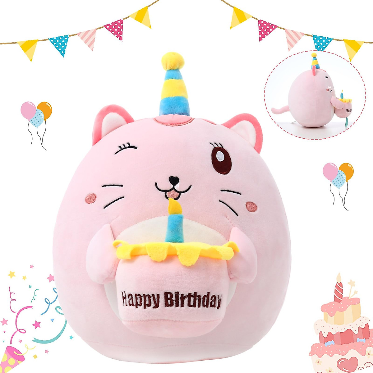 MILEGI 12’’ Happy Birthday Cake Cat Plush Pillow, Cat Stuffed Animal with Stereo Cake, Happy Birthday Plush Toy Cute Cat Plushie Doll, Home Room Decoration Pink Birthday Gifts for Girls Boys Kids
