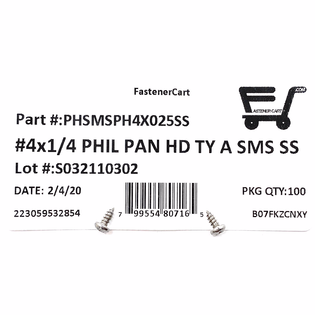 #4 x 1/4 Stainless Steel Phillips Pan Head Sheet Metal Screws Type A (100 Pieces) 4x1/4