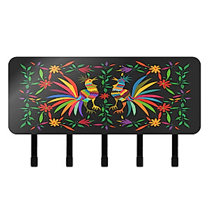 linqin Ethnic Mexican Tapestry with Roosters Key Holder for Wall, Decorative Wall Mounted Key Racks with 5 Key Hooks, Mail Key Organizer with Hanger for Entryway/Door/Bathroom/Kitchen