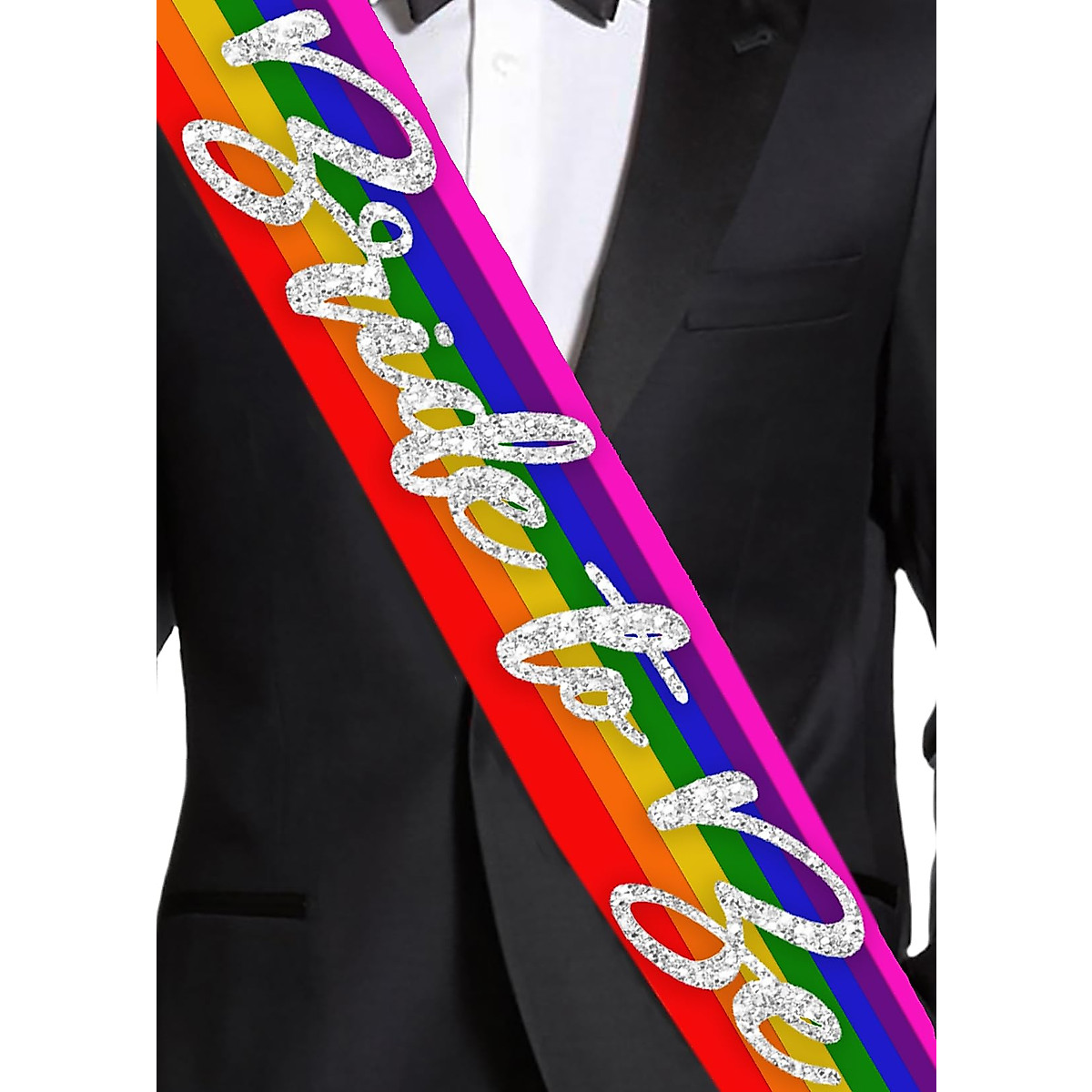 Gay Bachelorette Party Decorations - Set of 2: Silver Sparkle Glam Bride to Be Rainbow Satin Sashes - LGBTQ Couple Gifts - Set2(GlamB2B SLV) RBW