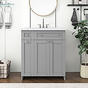 30 Inch Freestanding Bath Vanity in Grey with White Resin Top Modern Contemporary Painted Adjustable Shelving