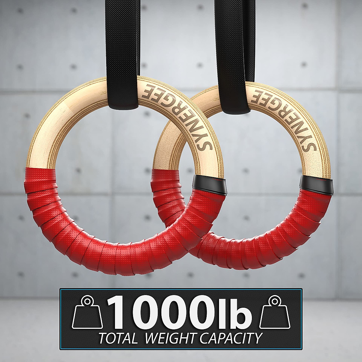 Synergee Wood Olympic Gymnastics Rings 1.25" Grip with Adjustable Straps for Pull Ups Dips and Muscle Ups. Red and Black Grip Tape Included.