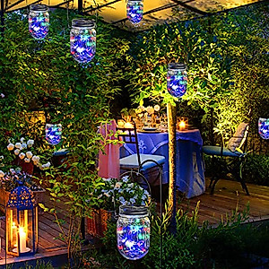 Hanging Solar Mason Jar Lights,ZQX 2 Pack 20 Led String Hanging Mason Jar Lanterns for Outdoor,Great Decor Light for Outside Patio Garden Yard Fence Wedding Table,Hangers and Jars Included（Multicolor）