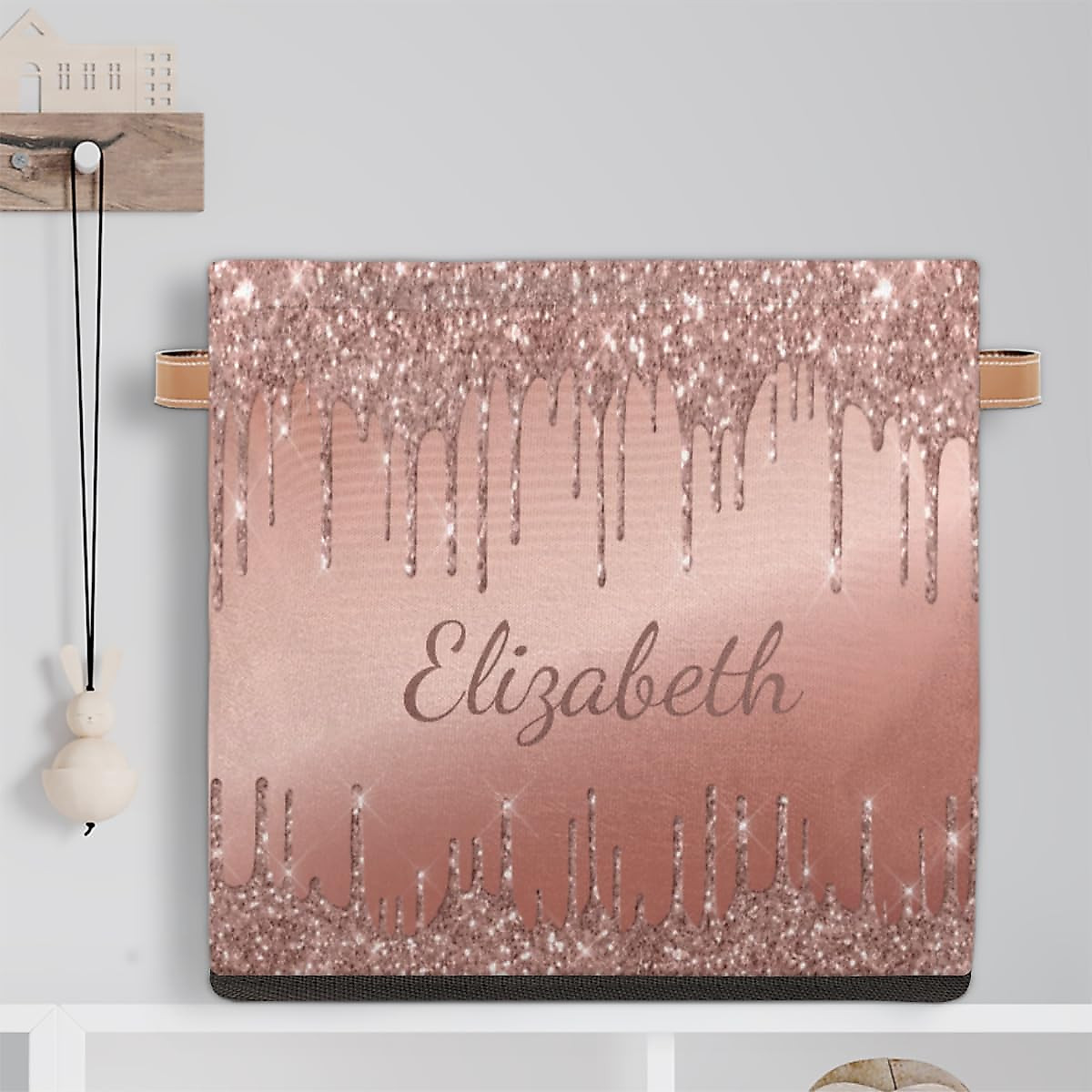 RIRIX Personalized Storage Bin, Custom Storage Baskets for Organizing with Handles, Foldable Storage Box for Closet Cloth Baskes Toy Rose Gold Dripping Glitter