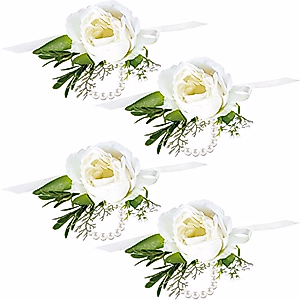 4 Pieces White Ivory Rose Wrist Corsage Boutonniere Wrist Corsage Artificial Rose Wrist Flowers Pearl Corsage Wristlet Artificial Bridesmaid Wrist Flowers for Women Bride Bridesmaid Party Prom Wedding