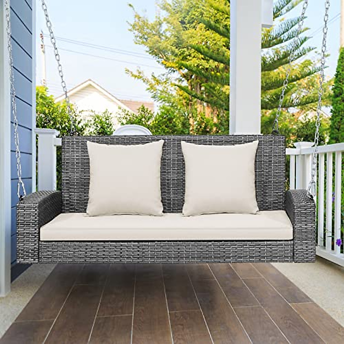 RELAX4LIFE 2-Person Porch Swing Bench - PE Rattan Outdoor Swing Chair with Comfortable Seat & Back Cushions, Rustproof Metal Chains, Patio Loveseat Swing for Balcony, Garden, Yard, 800 LBS (Off White)