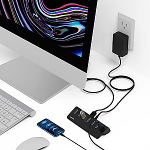 Achoro 7 Ports Powered USB HUB – 2nd Generation 10GB Super Speed External USB Port – USB 3.2 Aluminium USB Hub for Computer, Mac, PCs, Smartphone & Tablets – Computer Multiple USB Hub (Powered Black)