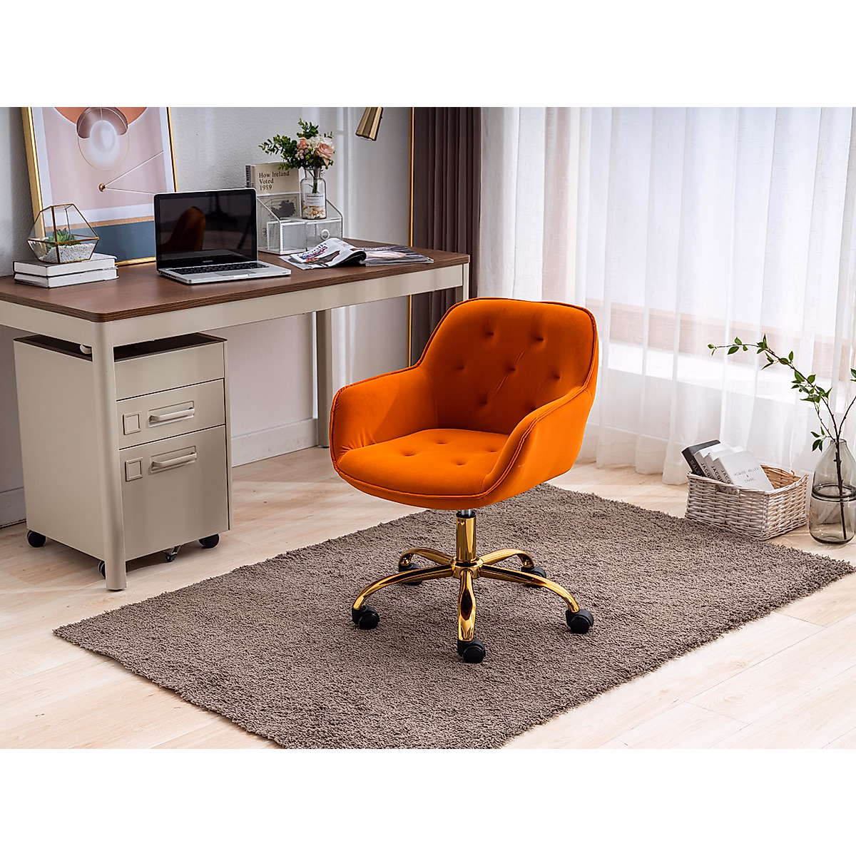 ZOBIDO Comfy Home Office Task Chair with Wheels, Cute Modern Upholstered Velvet Back Adjustable Swivel Vanity Desk Chair, for Women,for Girls, Living Room, Bedroom(Dark Orange)