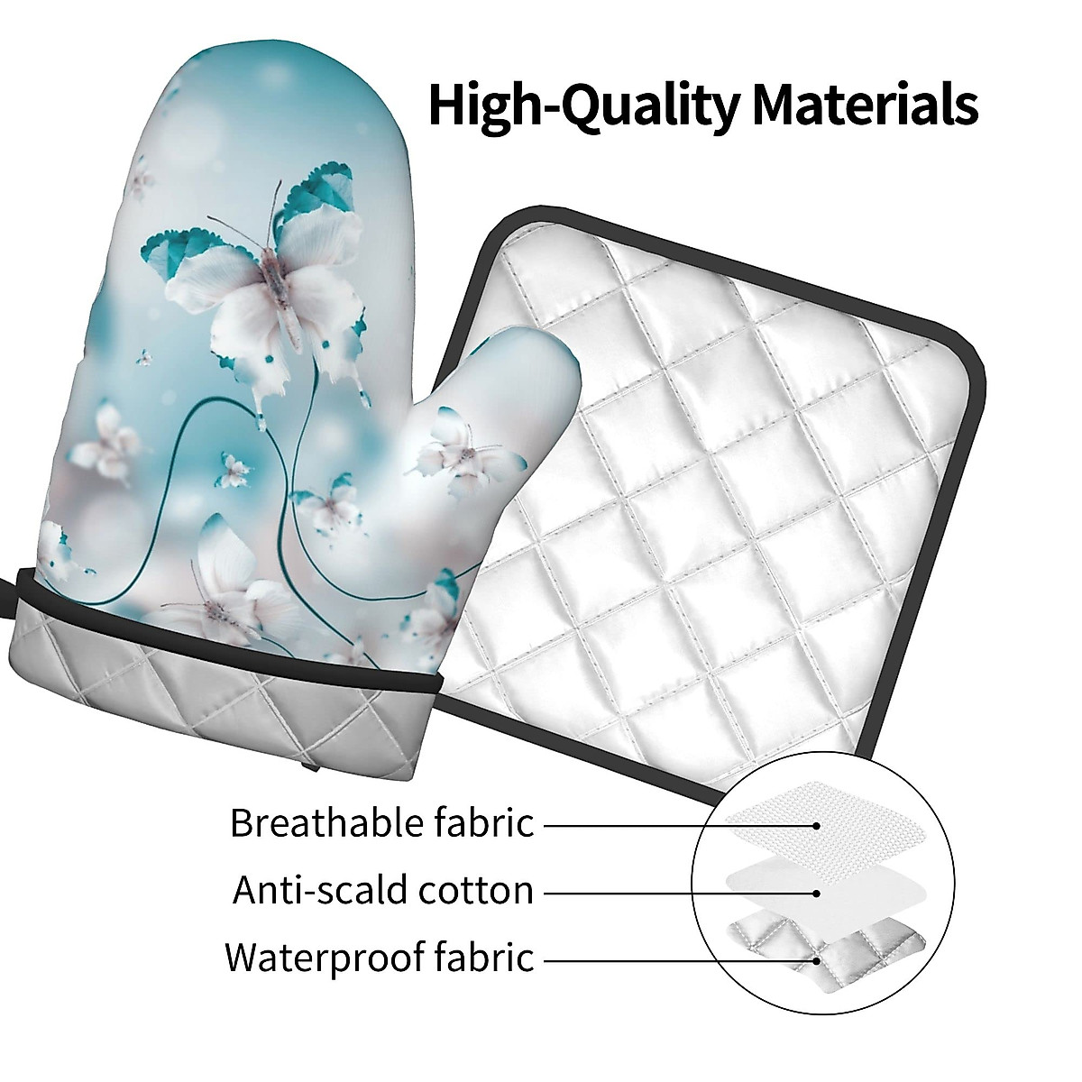 Butterfly Oven Mitts and Pot Holders Sets, Teal Oven Gloves Hot Pads Kitchen Heat Resistant Potholders for Cooking Baking Grilling BBQ