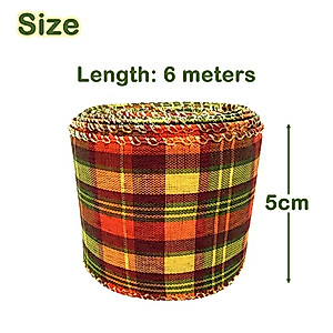 Wired Edge Autumn Buffalo Plaid Ribbon Fabric Burlap Ribbon for DIY Craft Wrapping Thanksgiving Decoration 6.56 Yard (Golden Edge Green Orange Yellow Plaid 5 cm)
