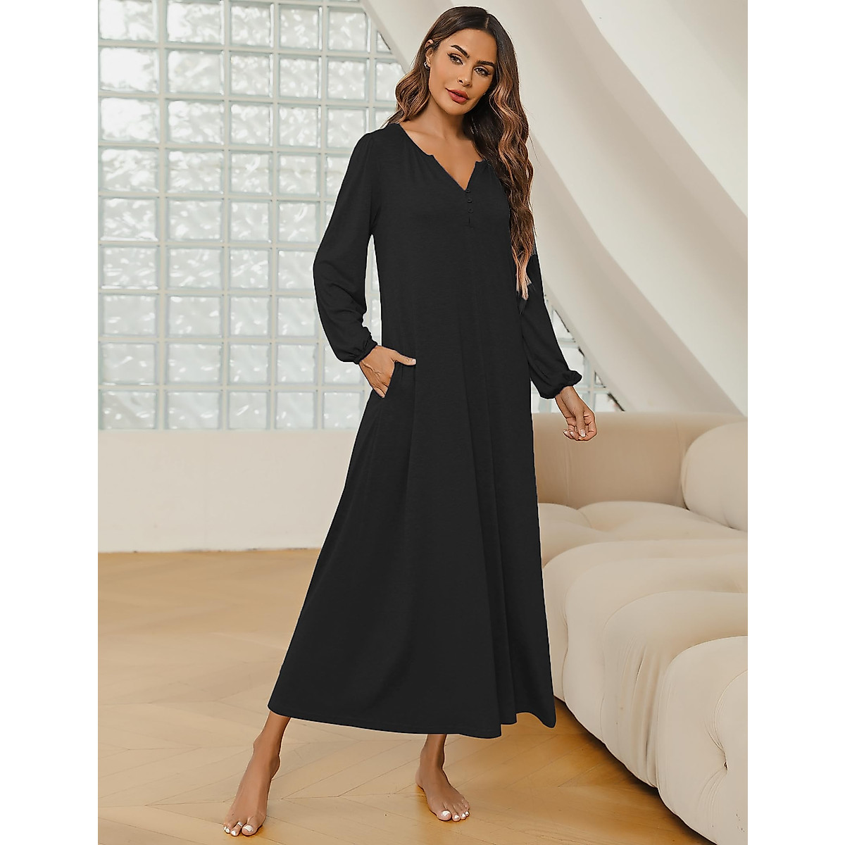 Marvmys Womens Cotton Long Night Gown Long Sleeve Nightshirt Sleepwear with Pockets Black L
