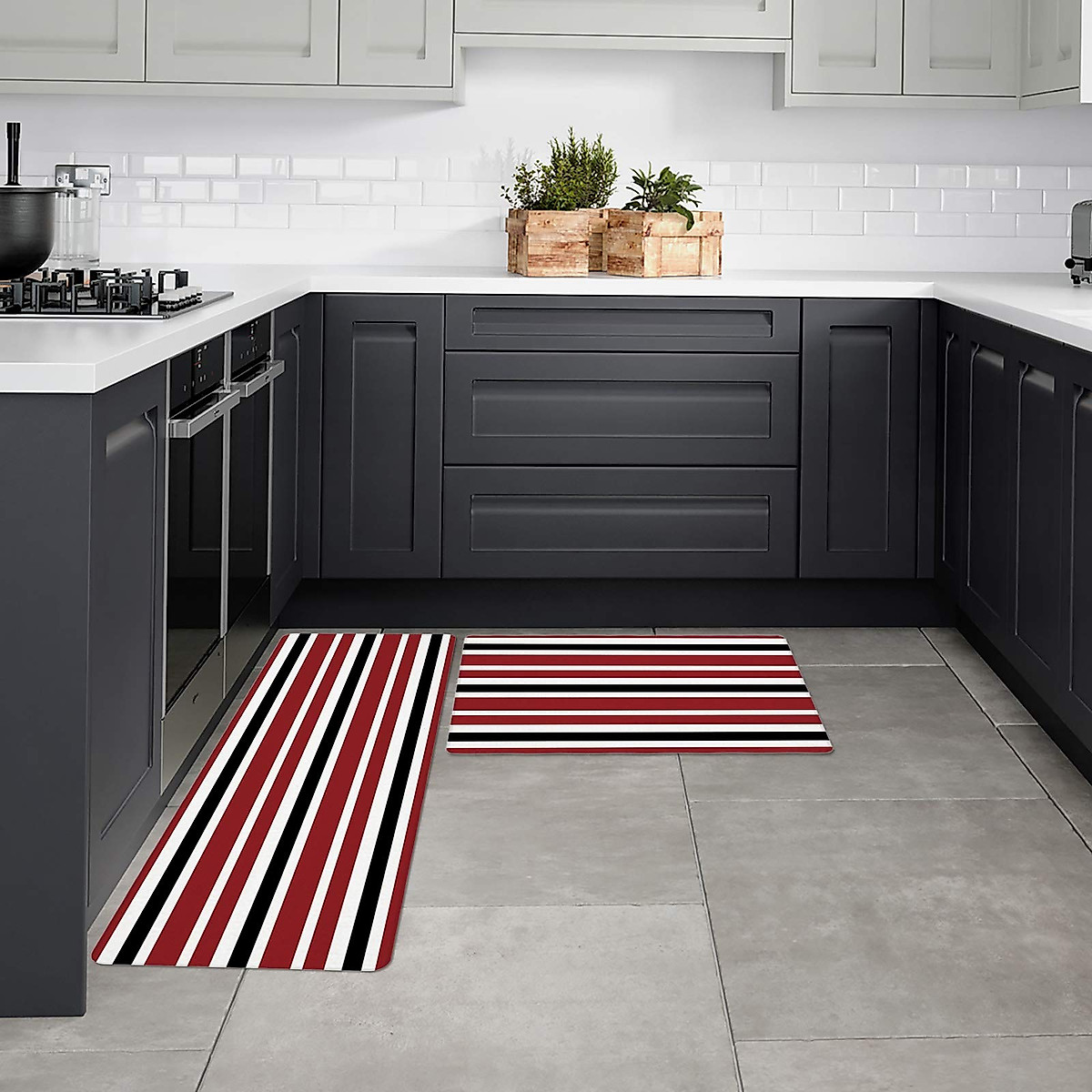 Libaoge Kitchen Mat Rug Set of 2 Red Black White Stripe Runner Rug Anti-Fatigue Comfort Memory Foam Standing Mat Non-Slip Floor Door Mat for Bathroom 23.6x35.4in+23.6x70.9in