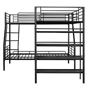 BIADNBZ L-Shaped Metal Twin Over Full Bunk Bed and Twin Size Loft Bed with Four Built-in Shelves,Full-Length Guardrails for Kids/Teens,Black