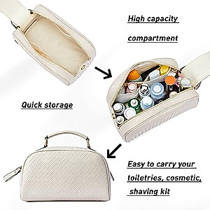 Telena Toiletry Travel Cosmetic Bag - Makeup Organizer for Women Water Resistant PU Leather Bathroom Bag Kit for Traveling, Weave Pattern White