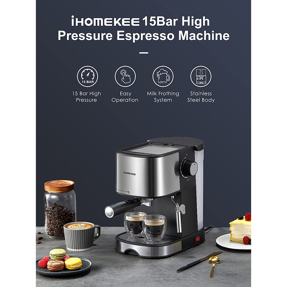 Ihomekee Espresso Machine 15 Bar Pump Pressure, Espresso and Cappuccino Coffee Maker with Milk Frother/Steam Wand for Latte, Mocha, Cappuccino, Silver - CM6826T