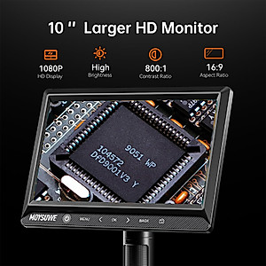 MOYSUWE 10.1 inch Digital Microscope for Adult, 11’’ Enhanced Metal Bracket, 1200X Coin Magnifier, Soldering Microscope with 10 LEDs, 12MP Camera Sensor, Windows/Mac Compatible, 32GB