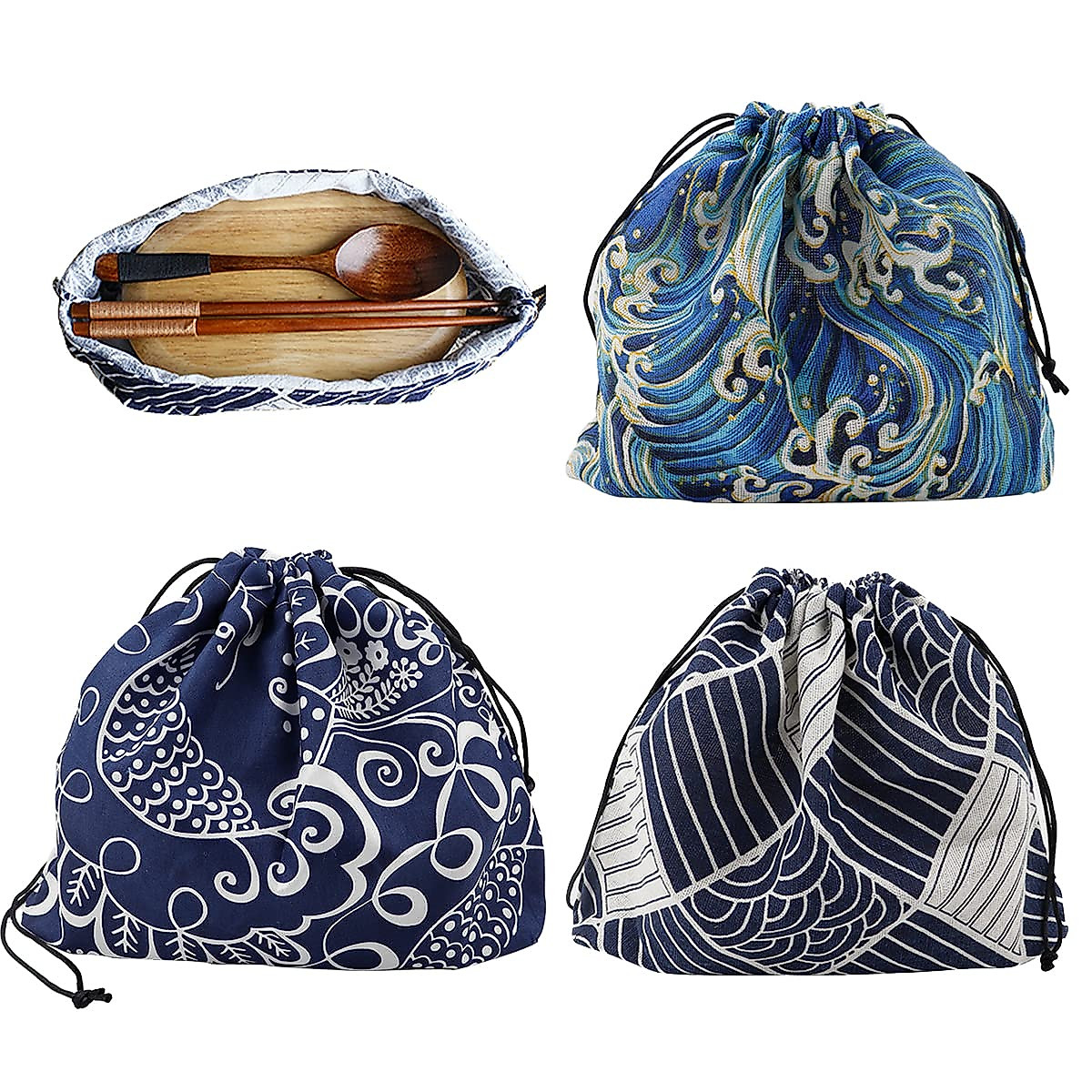 3PCS Lunch Tote Bag Japanese Style Drawstring Bento Pouch Portable Bento Storage Bag for Work Picnic or Travel, Blue