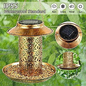 Enhon 2 Pack Solar Bird Feeder for Outdoors Hanging, Metal Wild Bird Feeder for Cardinals, Weather Resistance Solar Backyard Garden Lantern Light Decoration with S Hook as Gift Ideas for Bird Lovers