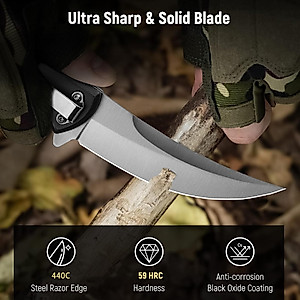 Pocket Knife 3.74", 440C High Carbon Stainless Steel Blade, Stainless Steel Handle, with Deep Carry Pocket Clip, Outdoor EDC Knife for Camping, Hiking, Fishing, Black Coated