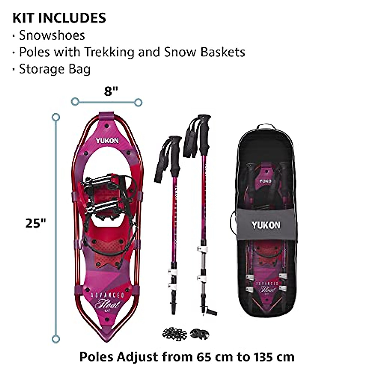 Yukon Charlie's Advanced Float Women's Snowshoe Kit, 8-inch x 25-inch, Includes Snowshoes, Trekking Poles and Travel Bag