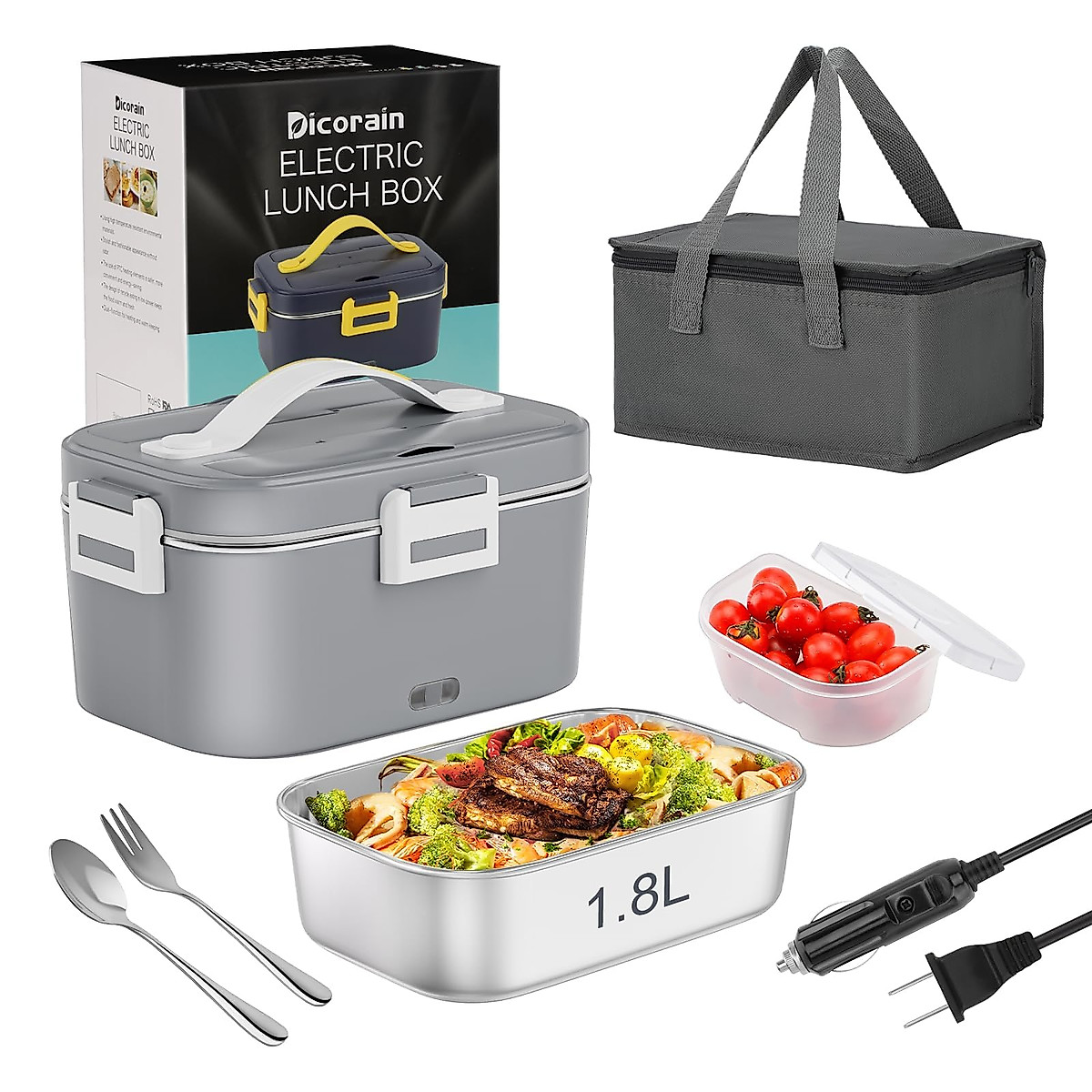 Dicorain Electric Lunch Box, 80w 1.8L Heated Lunch Box for Truck/Car/Office/Home/Work, 12/24/110v 3 In 1 Portable Food Warmer Lunch Box with Removable SS Container, Fork & Spoon (Grey)