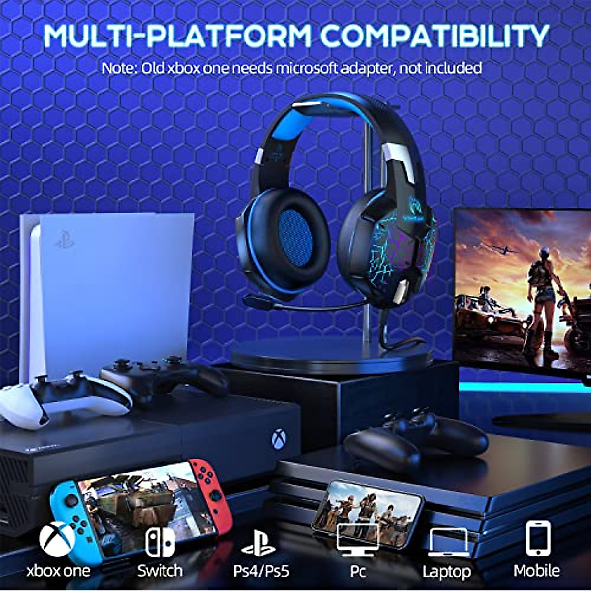 YINSAN Gaming Headset with Mic for PS4 PS5 Xbox Series X|S Nintendo Switch Xbox One PC, Wired Over Ear Gaming Headphones with Surround Sound, Noise-Cancelling, RGB Light, One-Key Mute Button