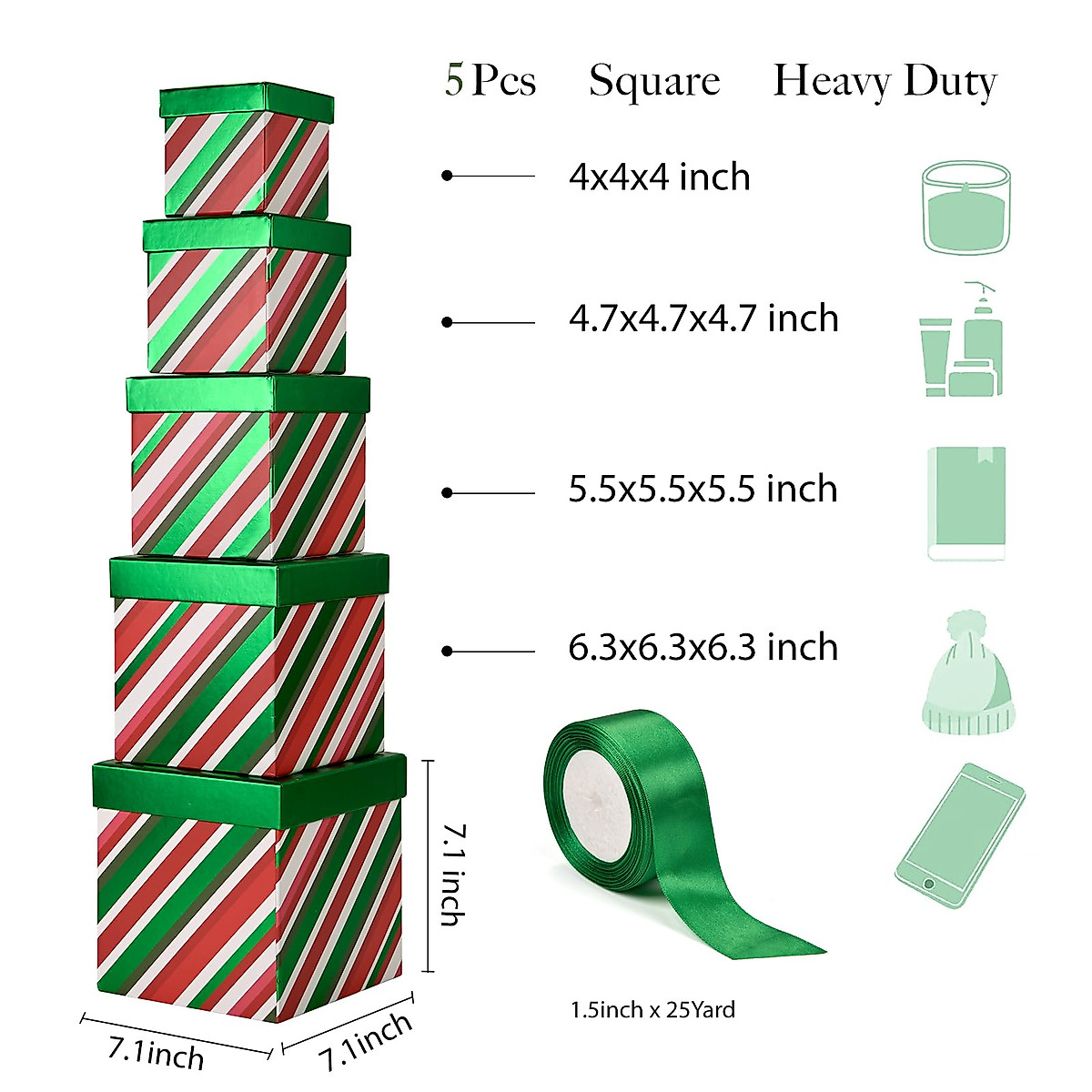 PAPER FAIR 5PCS Christmas Nesting Gift Boxes with Lid, Xmas Nested Box Set, 5 Sizes, Square Stackable, Green Red Stripe Paper Box Tower Décor with Satin Ribbon, for Holiday Thanksgiving New Year