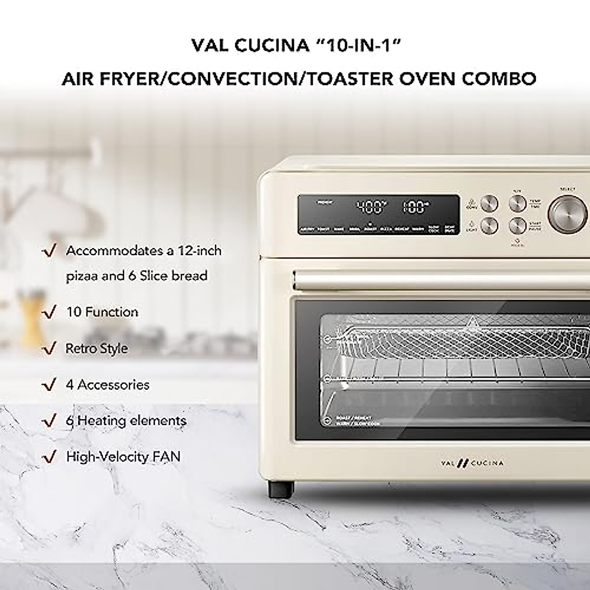 VAL CUCINA Retro Style Infrared Ultra-Quick Air Fryer Toaster Oven, Multifunctional 10-in-1 XL Countertop Convection Oven, 6-Slice Toast, 12-Inch Pizza, Enamel Baking Pan for Easy Cleaning, with Bake, Toast, Roast, Broil, Pizza, Reheat, Slow Cook, Dehydra