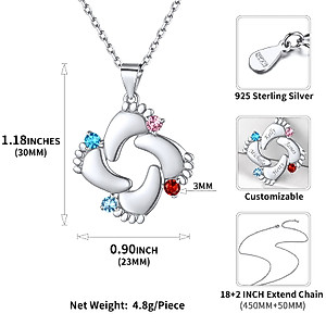 ChicSilver Sterling Silver Custom Feet Pendant Necklace for Women Personalized Mothers Necklace with 4 Simulated Birthstones 4 Names Engraved Mother Day Jewelry Gift for Mom Grandma