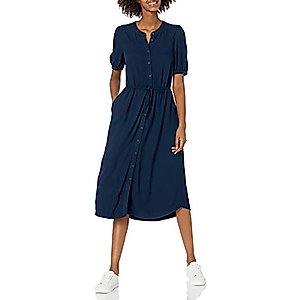 Amazon Essentials Women's Relaxed Fit Half-Sleeve Waisted Midi A-Line Dress, Navy, XX-Large