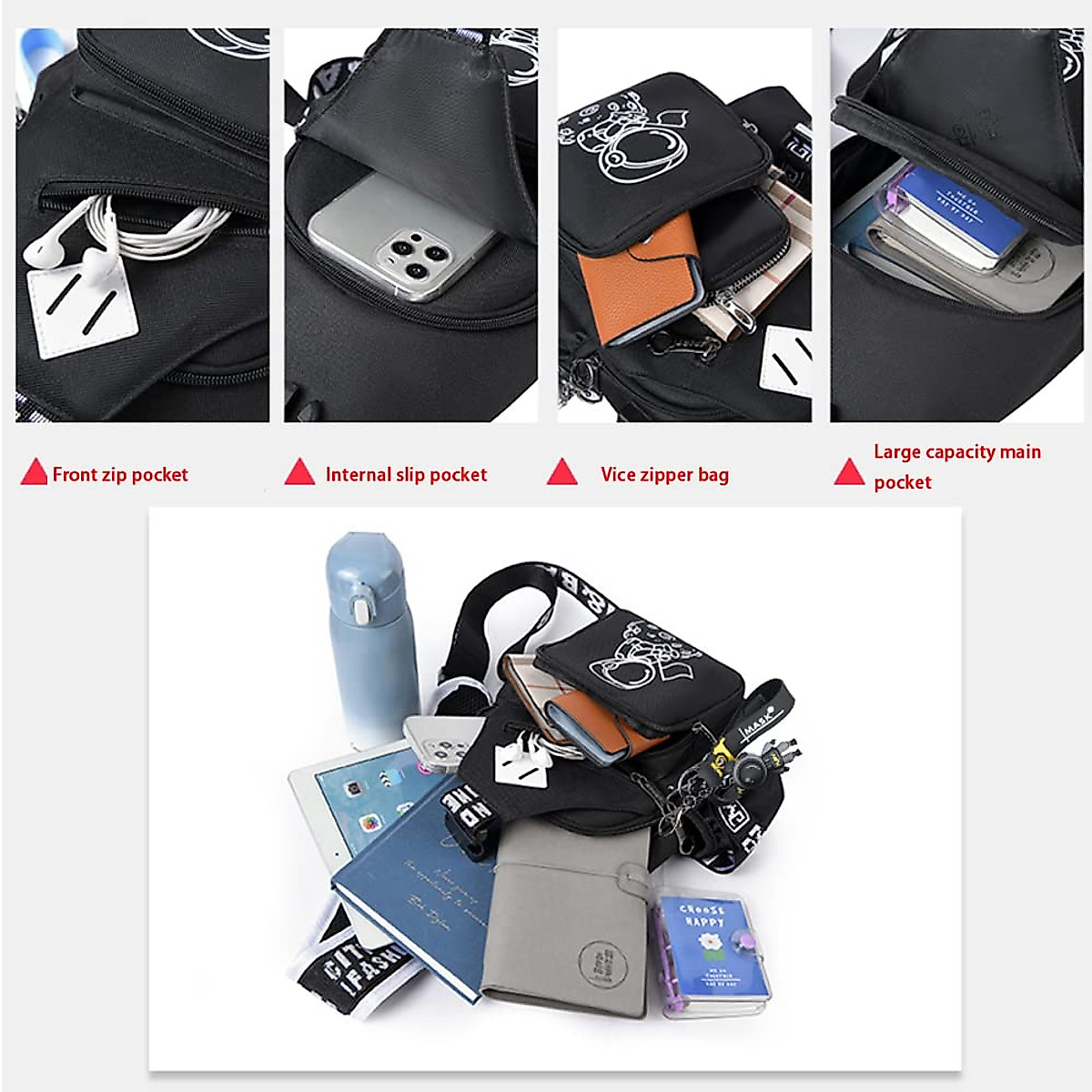 CUSALBOY Fashion One-Shoulder Backpack Youth Leisure Backpack With USB Port Earphone Hole, Cartoon Luminous Pattern Backpack (black 6)